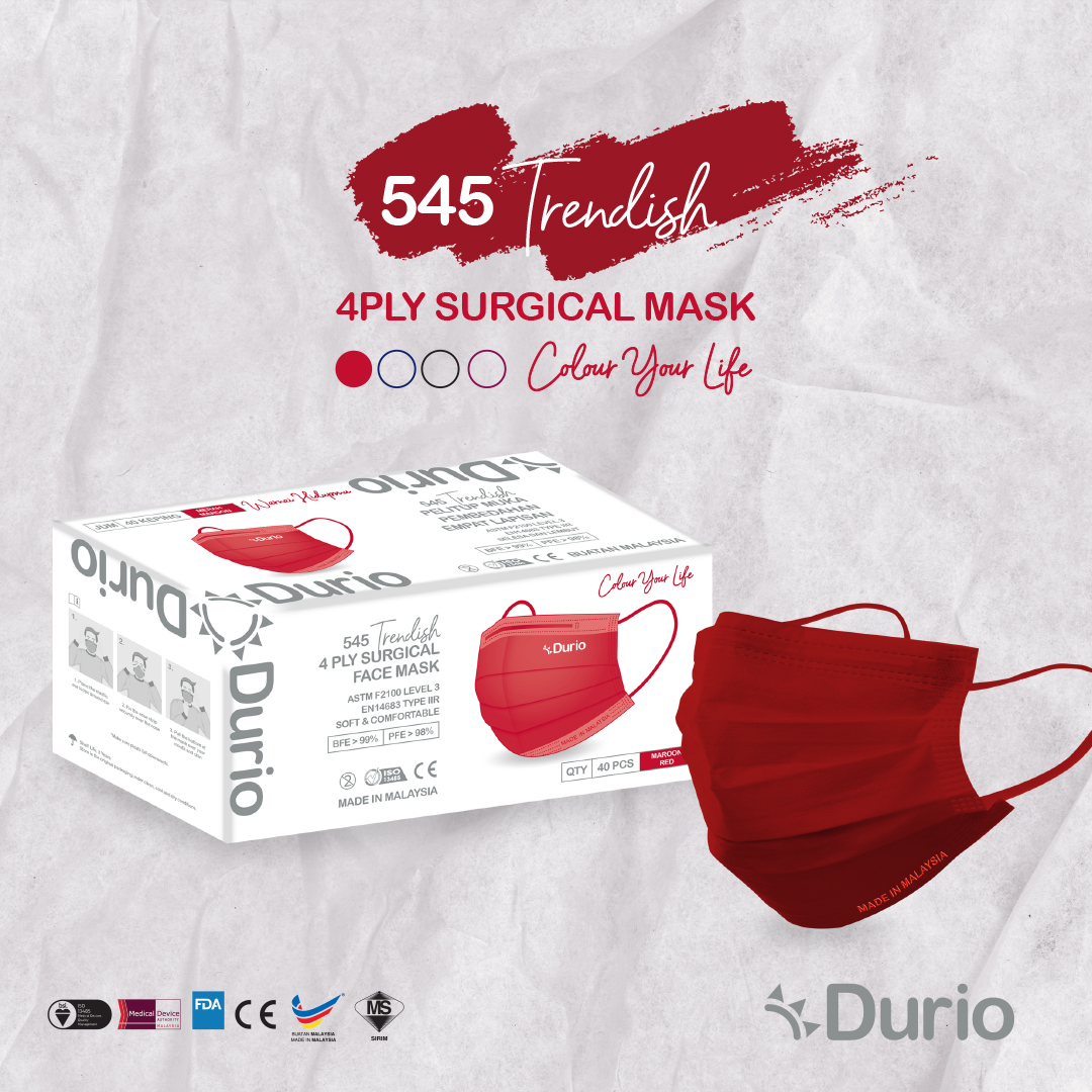 DURIO 545 TRENDISH 4PLY SURGICAL FACE MASK – MAROON RED – eJazmine.com