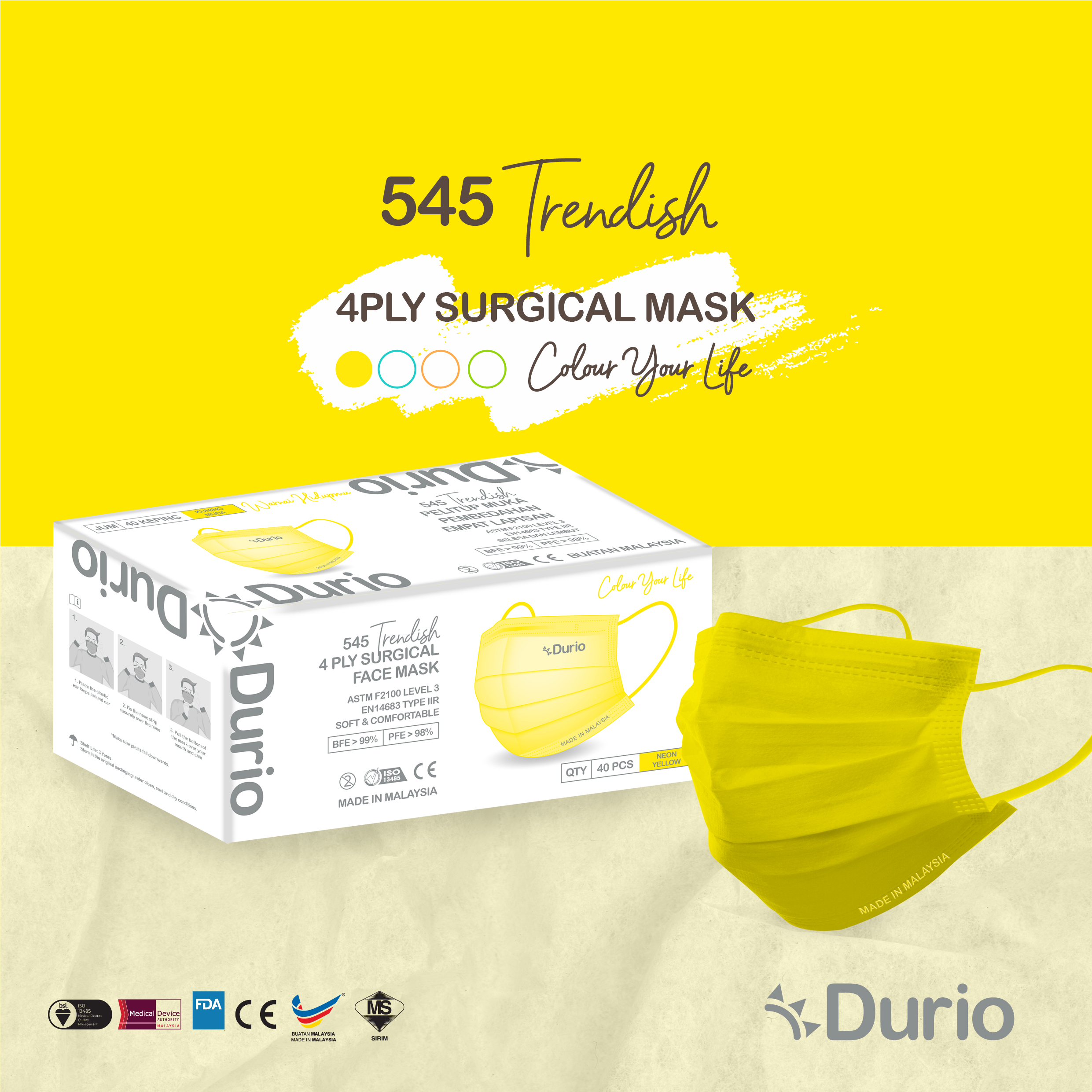 DURIO 545 TRENDISH 4PLY SURGICAL FACE MASK – NEON YELLOW – eJazmine.com